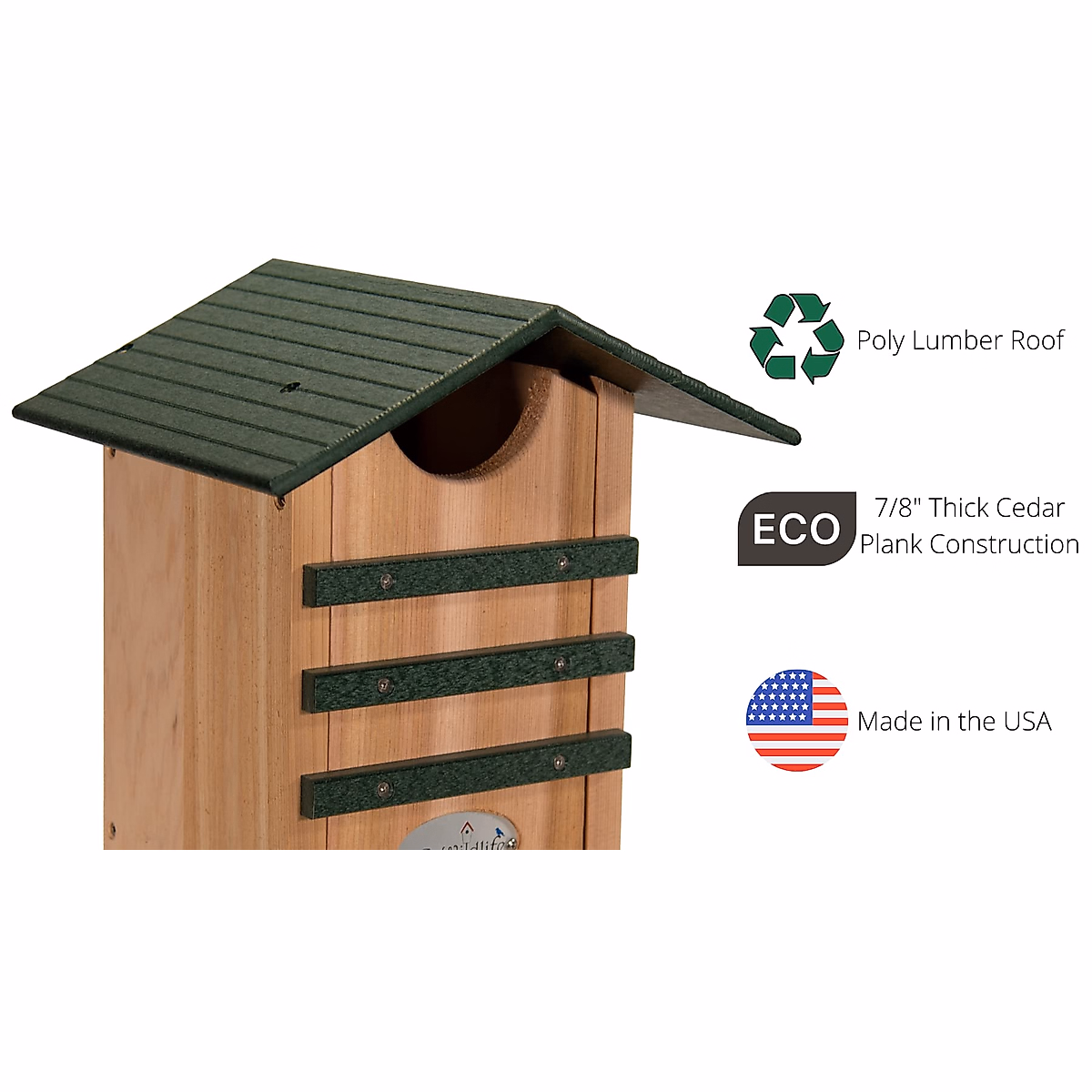 JCs Wildlife Screech or Saw-Whet Owl House - Cedar Nesting Box With Poly Lumber Roof - Made in the USA