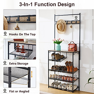 Hoctieon 5-Tier Hall Tree with Shoe Rack, Hall Trees for Entryway with Storage, Hall Tree with Bench and Shoe Storage, Mesh Slant, Greige