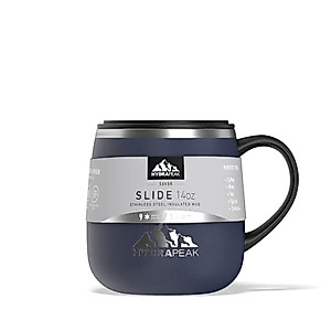 Hydrapeak 14oz Double Vacuum Insulated Coffee Mug. Stainless Steel Travel Mug, Tumbler Tea Cup with Water Tight Slide Lid and Handle (Navy)