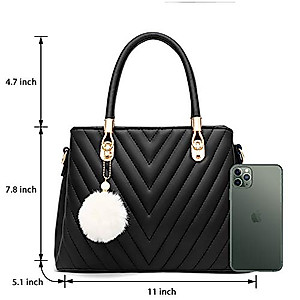 Womens Fashion Leather Handbags Quilted Purses Top-handle Totes Satchel Bag for Ladies Shoulder Bag for Girls with Pompom White