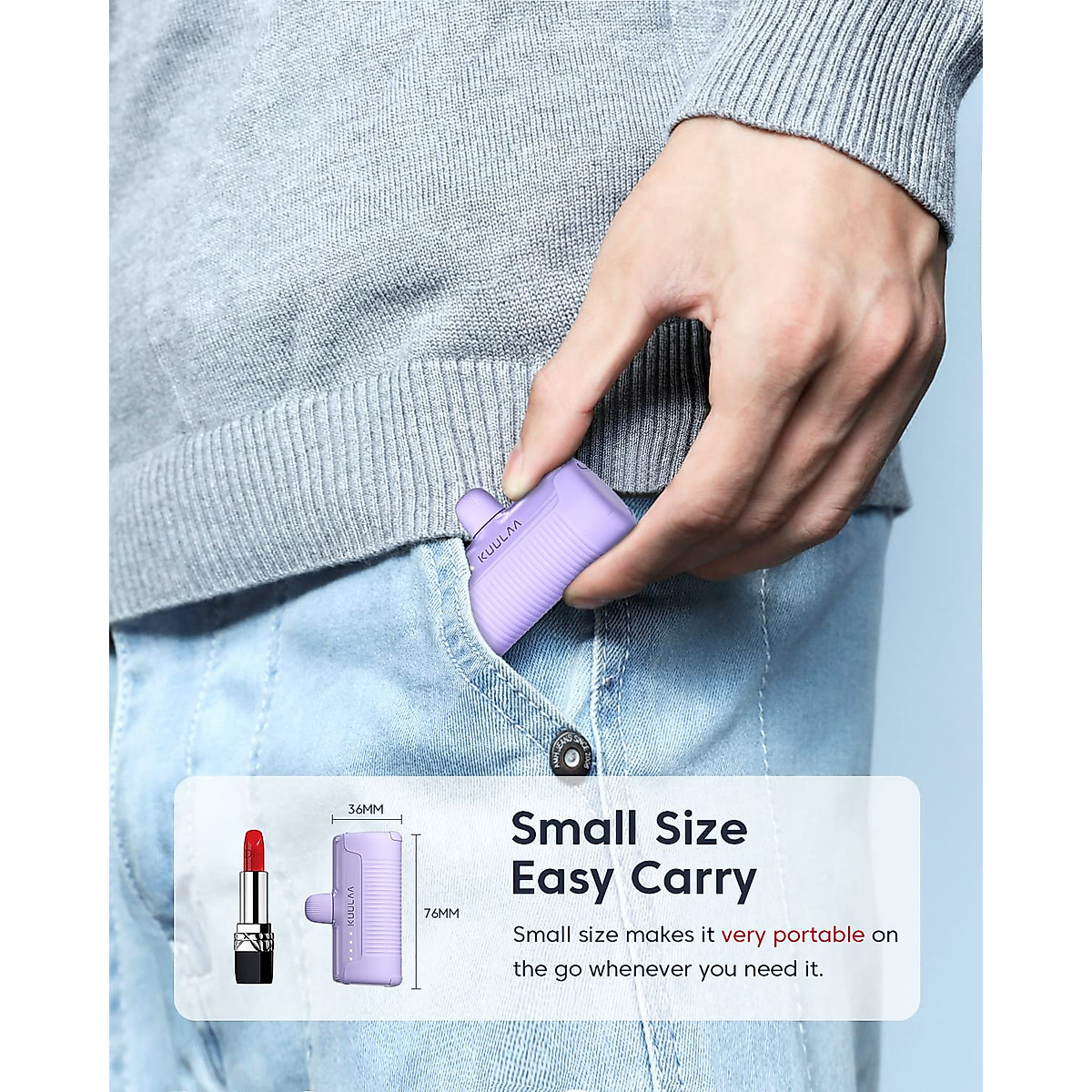 Kuulaa Portable Charger USB C Power Bank 4500mAh Small Portable Phone Charger Android Compact Plug in Battery Pack Portable Compatible with iPhone 15, Samsung Galaxy, Moto, LG, Pixel, Purple