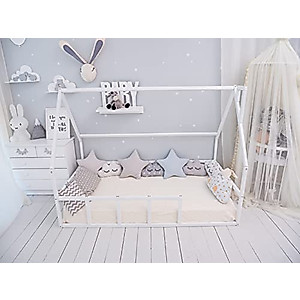 BUSYWOOD House Floor Bed For Kids - Montessori Bed for Toddlers - Wood Kids Bedroom Furniture - Cozy Toddler Bed with Rails - Twin Loft Beds for Kids (Model 1 Mini Floor with Fence, FOR SLEEPING ONLY)