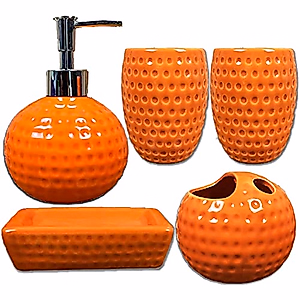 5-Pieces Orange Ceramic Bathroom Decor Accessory Set Includes Soap Lotion Dispenser,Soap Dish,Toothbrush Holder and Cup2 … …