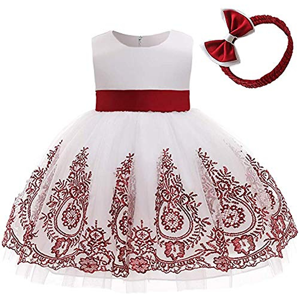 AVAZU 0-6T Easter Big Bowknot Pageant Lace Embroidery Dress Toddler Baby Girls Party Ball Gown Dress Tutu Gown Formal Dresses with Headwear Red+White 70