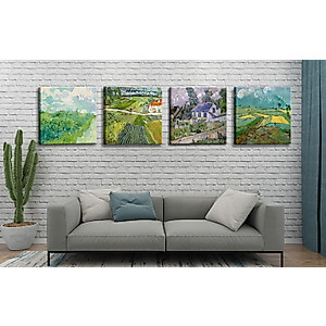 Landscape with a Carriage by Vincent Van Gogh Classic Oil Paintings Artwork, Green Wheat Fields, Houses at Auvers Canvas Wall Art Print for Living Room, Bedroom Office Bathroom Decor - 12"x12"