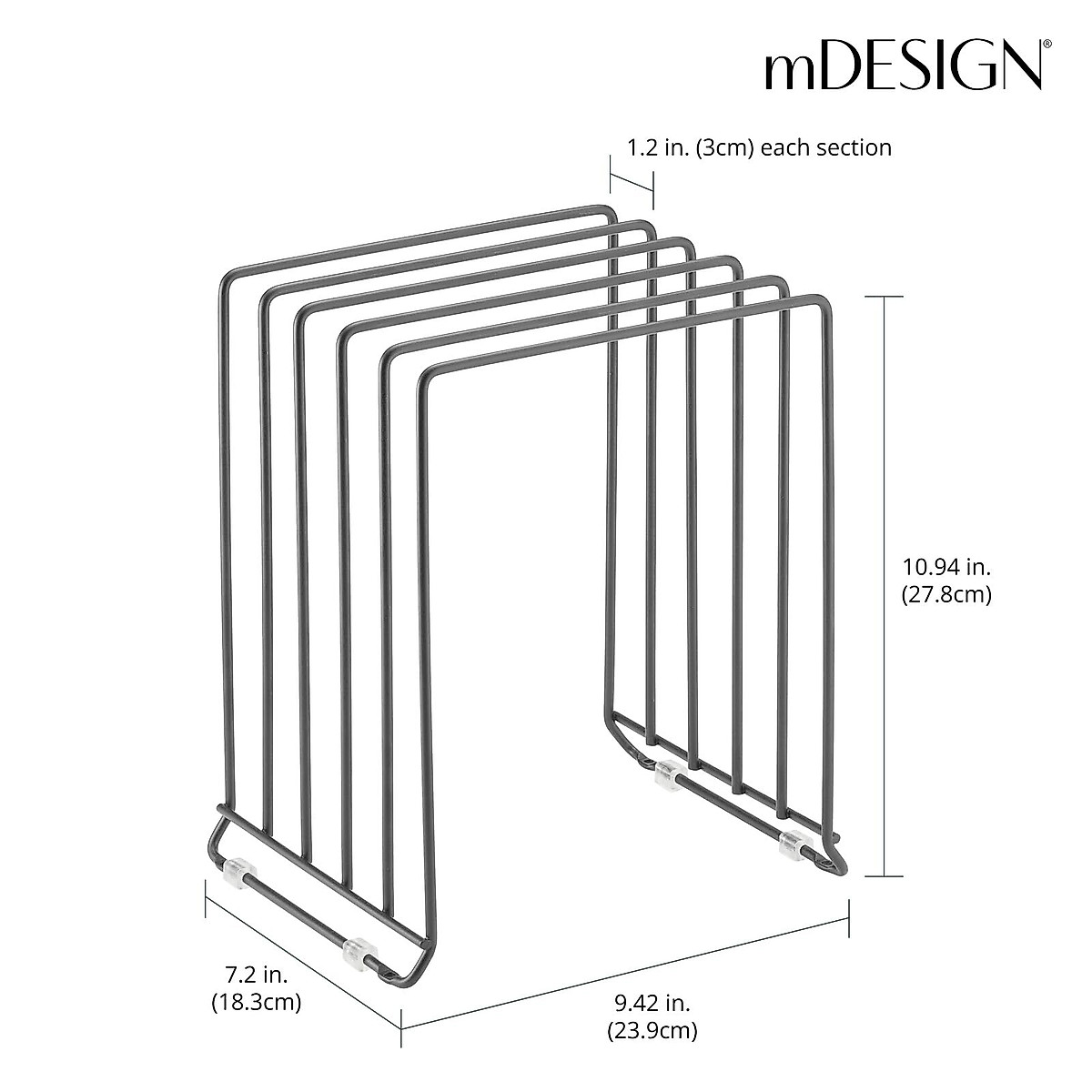 mDesign Pot Lid and Pan Rack — Metal Wire Rack for Cabinets, Pantries or Kitchen Surfaces — Freestanding Pan Stand with 5 Slots for Pans, Pots, Lids and Crockery — Dark Grey