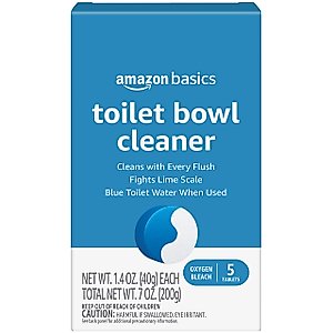 Amazon Basics Toilet Bowl Cleaners Tablets with Oxygen Bleach, Unscented, Blue, 5 Count, Pack of 1