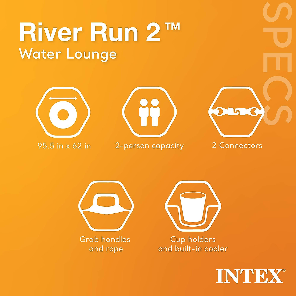Intex 58837EP River Run 2 Inflatable Floating Lounge: Comfortable Backrests – Built-in Cup Holders – Cooler with Lid – 2 Person – 440lb Weight Capacity
