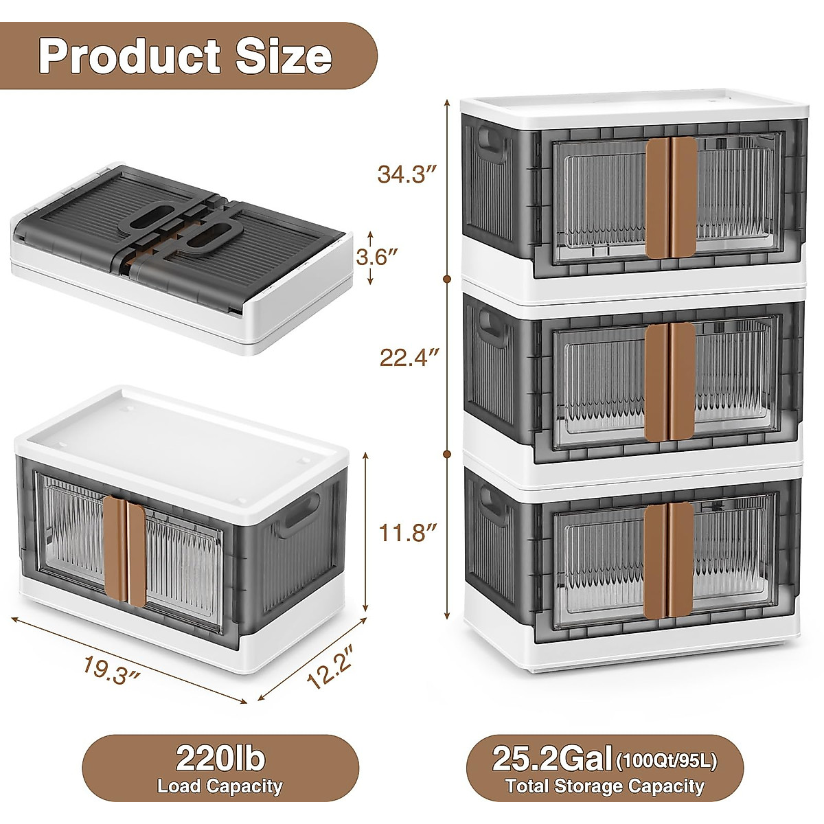 BROVIEW V6S Closet Organizers and Storage, 8.4Gal Plastic Storage Bins with Lids, 3Pack Collapsible Storage Boxes with Wheels, Stackable Storage Containers with Doors for Home Office Dorm Essentials