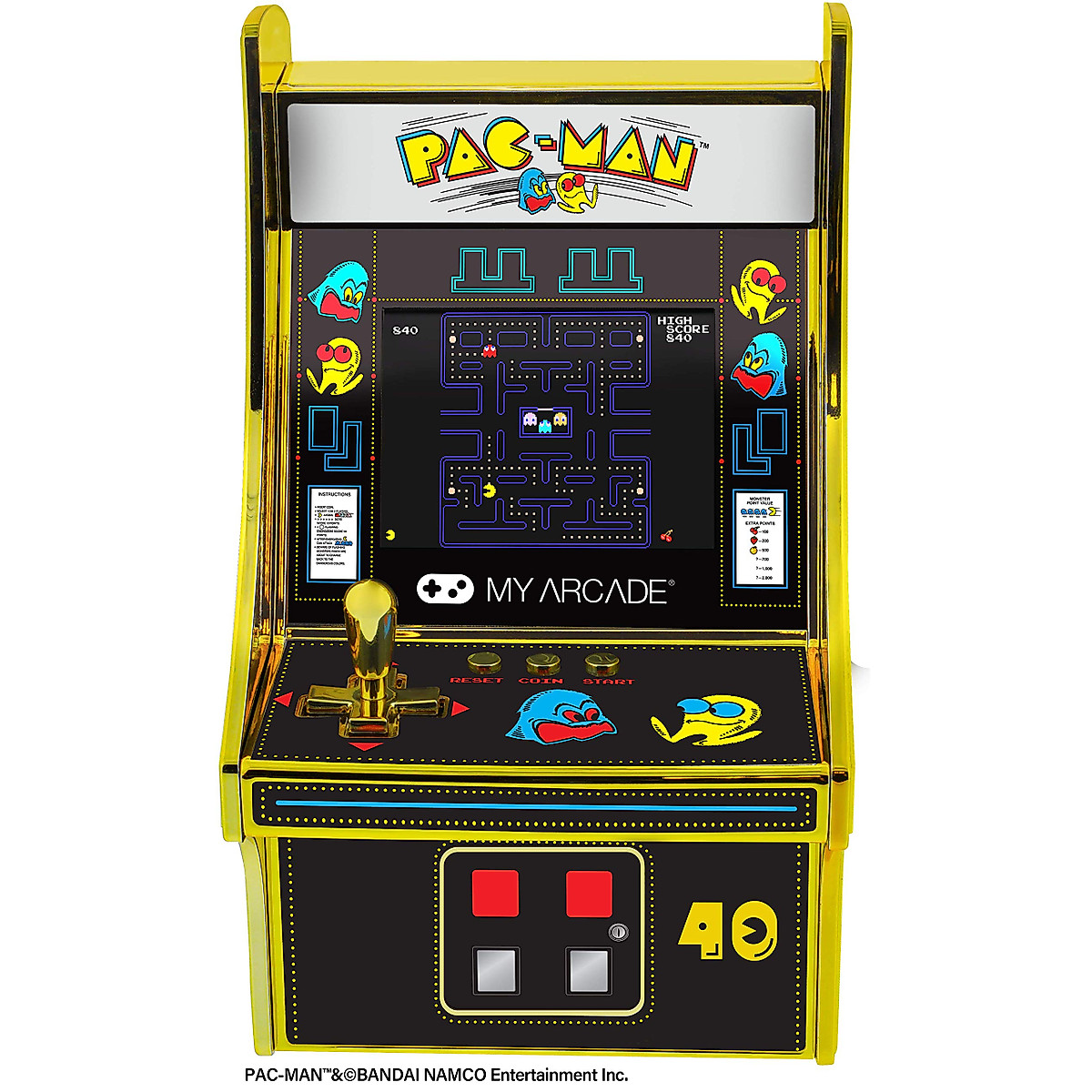 My Arcade Pac-Man 40th Anniversary Micro Player, Fully Playable, 6.75 Inch Collectible, Full Color, Gold Plated, Battery or Micro USB Powered (DGUNL-3290), yellow