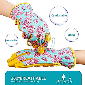 Leather Gardening Gloves for Women, JUMPHIGH Tough Cowhide Working Gloves, Flexible Breathable Spandex, Thorn Proof Garden Gloves for Yard, Gardening Gifts for Gardener (Medium)