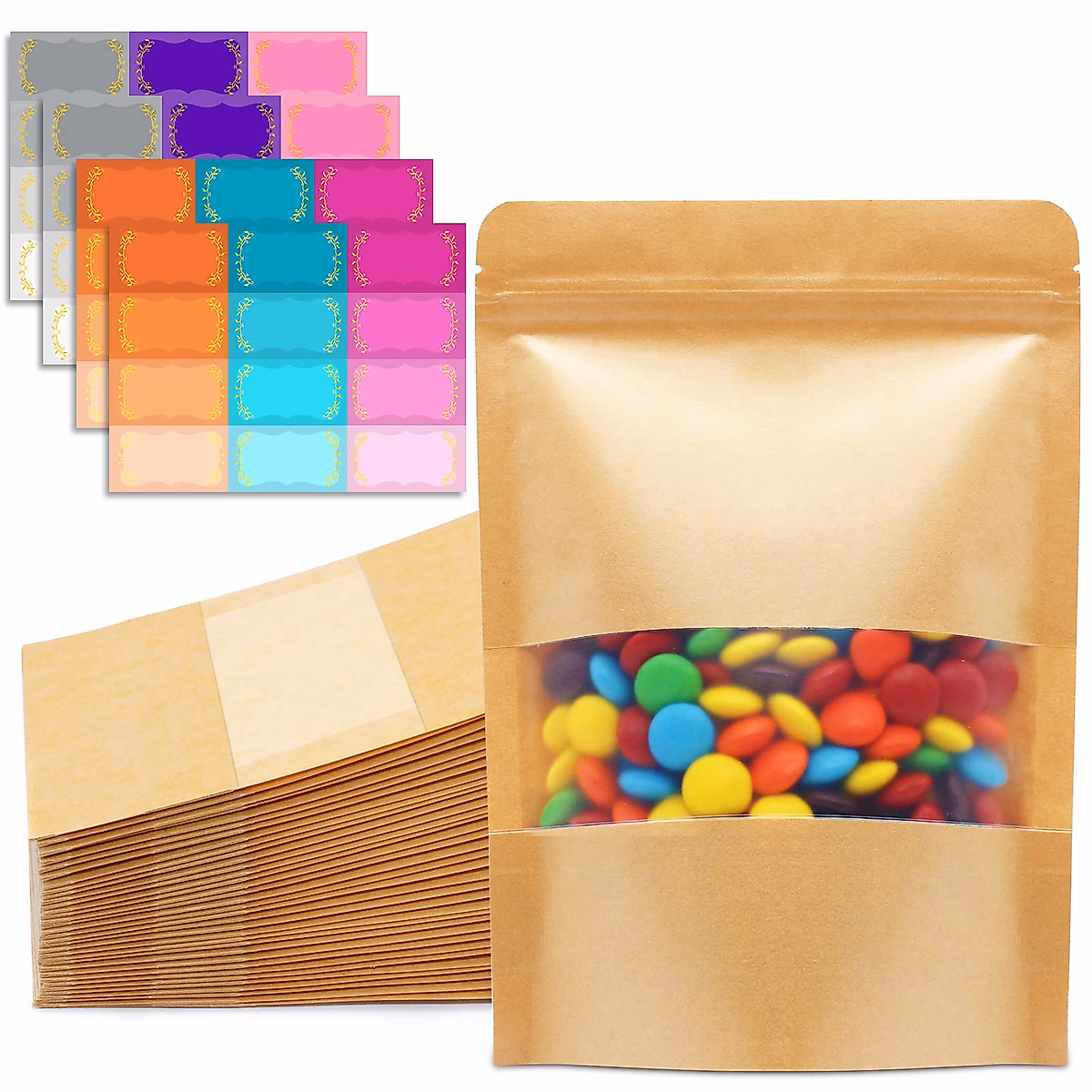 Kraft Bags With Window, 100 pcs 5.5" x 7.8", Stand Up Pouches, Sealable Bags for Packaging, Zip Lock Bags With Stickers and Spoon, For Cookie Bags/Candy Bags/Coffee Bags/Food Storage Bags (Brown)