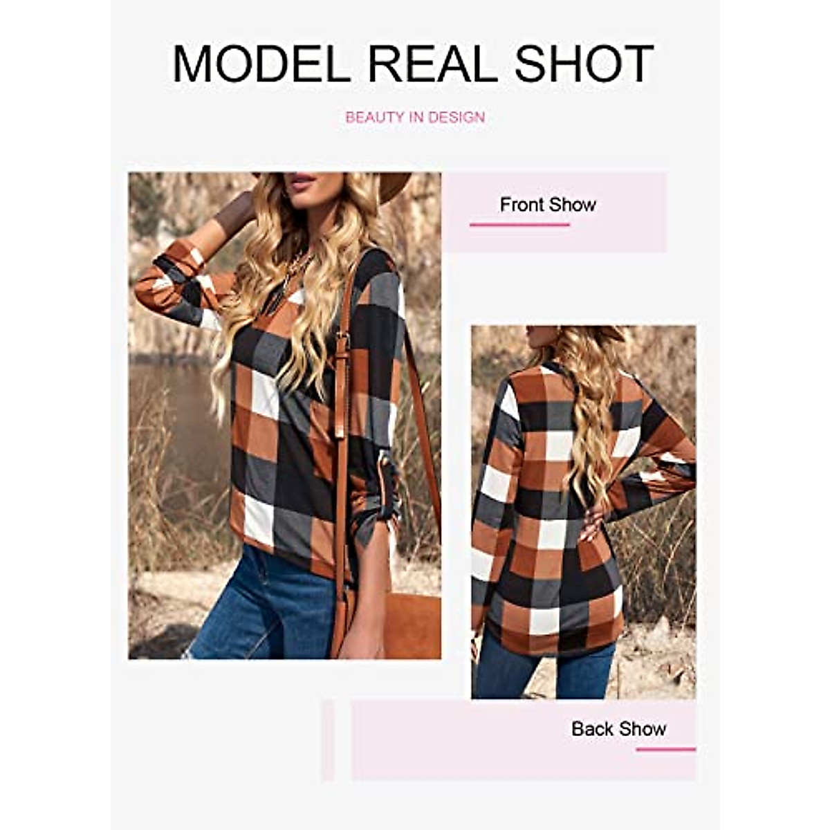 Dokotoo Women's Casual 3/4 Sleeve Plaid V Neck Tunic Top - 2023 Orange