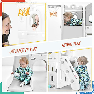 Merax 6-in-1 Kids Slide with Climber, Basketball Hoop, Tunnel and Storage Space, Outdoor Indoor Slide Playset for Toddlers Age 1-12