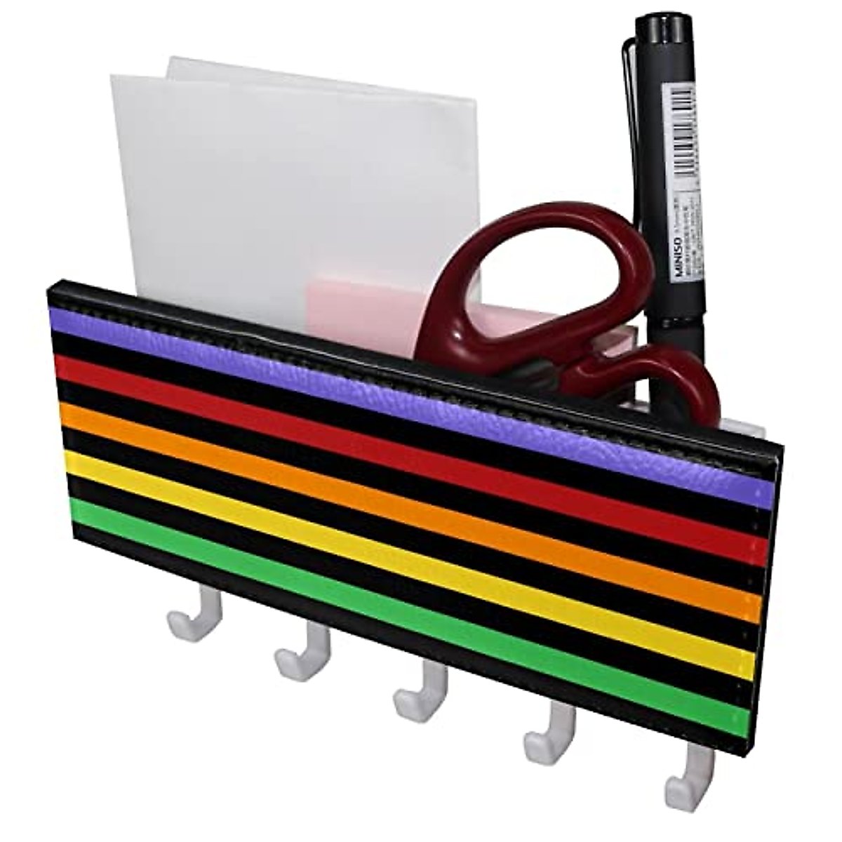 Colorful Horizontal Lines Striped Pattern with Black Background Mail Holder Organizer and Key Hooks PU Front, Self Adhesive Key Rack with 5 Hooks Perfect for Entryway, Hallway，Bathroom ，Kitchen