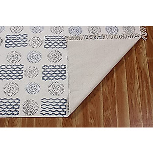 Casavani Hand Block Printed Rug Abstract Blue & Beige Tassel Rug Easy Care Washable Rugs for Doormat Entryway Living Room Bedroom Hallway Balcony 2.6x8 Feet Runner