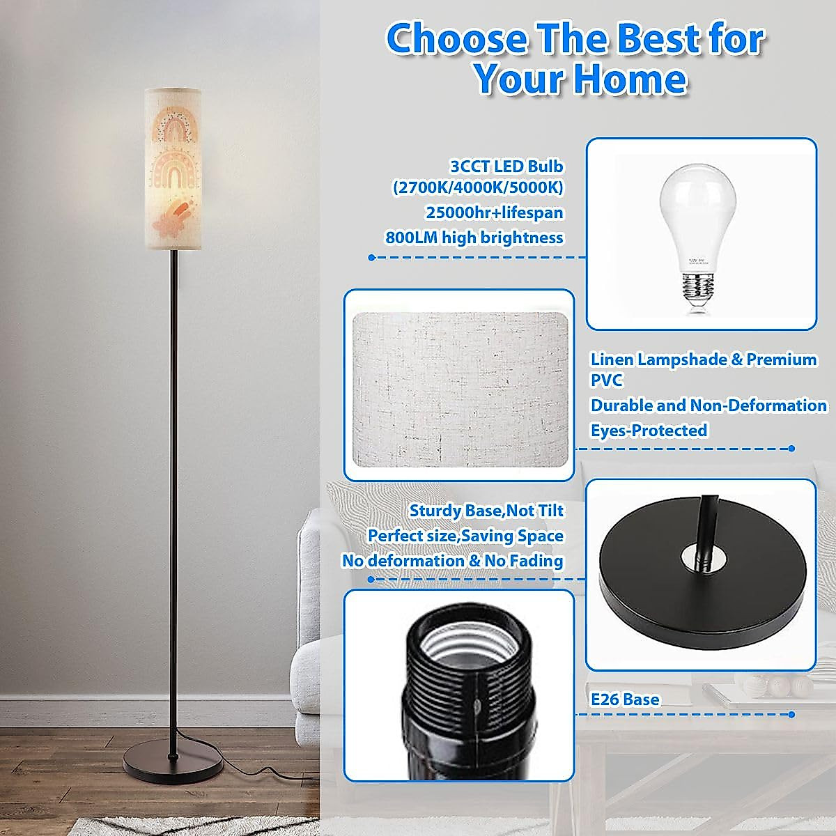 RZNTJHUINA Boho Standing Lamps Cute Rainbows for Childish Hand Drawn Nursery Minimalist Floor Lamp Metal Pole Lamp with Linen Lampshade for Bedroom Living Room Office Nursery Reading Foot Switch