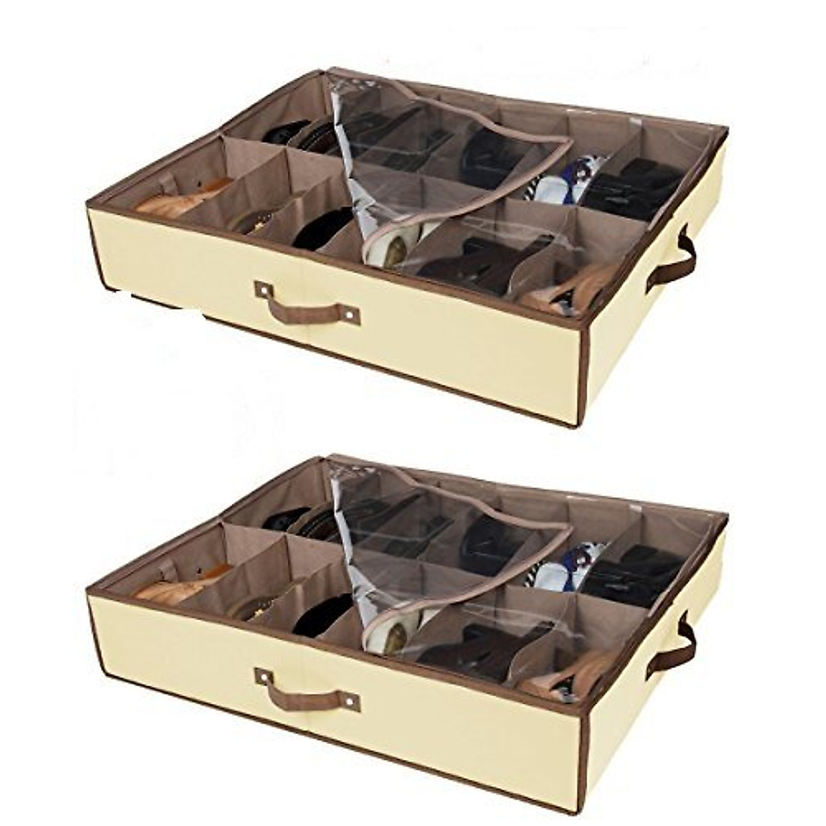 Set of 2 under bed shoe storage - ALL 4 SIDES IS STURDY- drawers,Closet Box Organizer Natural Canvas with See-Through Top, Brown Trim, Size: 23 ½’’ x 29 ½’’ x 5’’