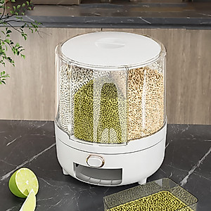 Rice Containers, 360 Degree Rotating Dry Food Dispenser with 6 Compartments Holder, Clear Grain Dispenser, Grain Storage Bin for Rice & Beans (10KG Capacity)