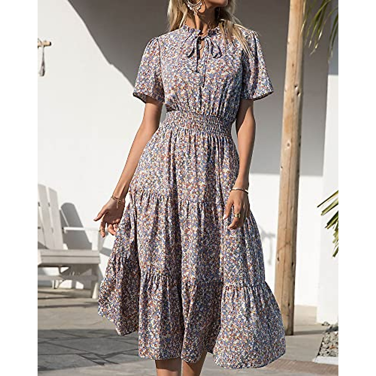 BTFBM Women's 2023 Summer Casual Boho Dress Floral Print Tie V Neck Short Sleeve Elastic Waist A-Line Midi Beach Dresses(Floral Blue, Large)