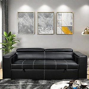 ChicFurnit Sofa Bed,Convertible Sleeper Loveseat with Pull Out Bed,88'' Faux Leather Upholstered Couch Bed with Adjustable Head Pillow and a Comfortable Waist Pillow for Living Room,Bedroom,Black