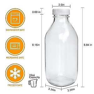 Datttcc Glass Milk Bottles,33 OZ Milk Containers for Refrigerator with Plastic Lids,Glass Water Bottles for Milk, Yogurt, Smoothies, Kombucha, Water (10 pack)