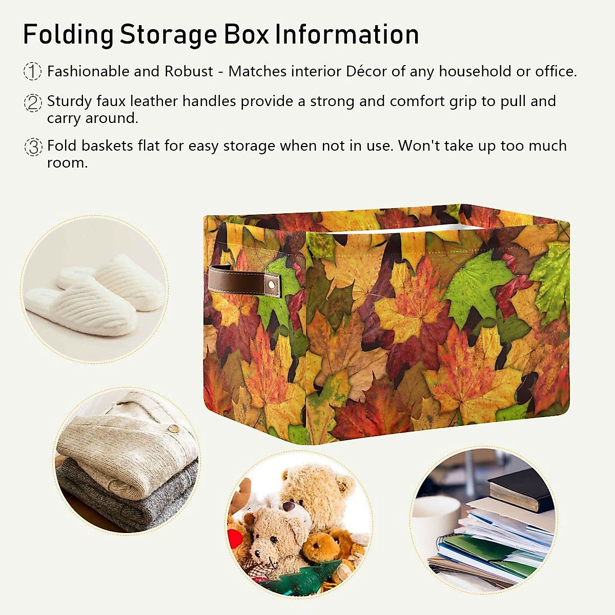 Dry Autumn Leaves Storage Basket Fall Maple Tree Storage Organizer Box Bin Large Collapsible Cube Baskets with PU Handles for Shelf Closet Nursery Laundry 1 Pack