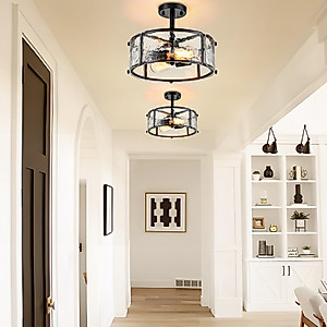 TinHon Black Semi Flush Mount Ceiling Light,12.8" Modern Small Drum Close to Ceiling Light Fixture,Easy to Install 2-Light Lightweight Glass Ceiling Lights for Dining Room,Living Room,Kitchen