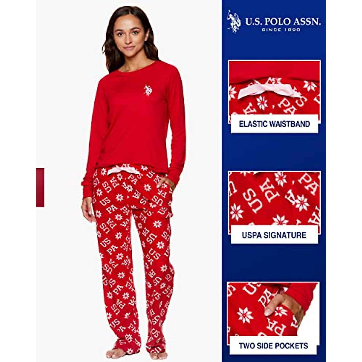U.S. Polo Assn. 2-Piece Pajamas for Women Set, Long Sleeve PJ Sets for Women, Ladies Sleepwear (Red, Large)