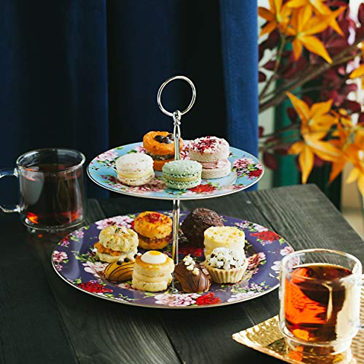 BTaT - Floral 2 Tier Round Porcelain Cupcake Stand, 2Tier Serving Tray, Dessert Stands, Tea Party Supplies, Party Table Decoration, Dessert Display Stands, Cookie Trays for Parties