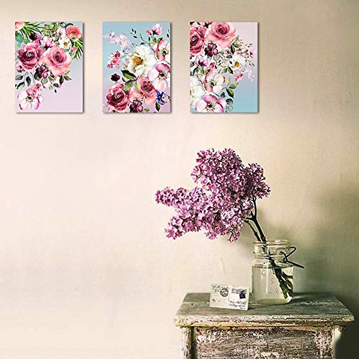 Flower Canvas Wall Art for Bedroom Woman Wall Decor Pink White Flowers Picture 3 Piece Framed Artwork Modern Plant Floral Canvas Prints for Kitchen Home Bathroom Girls Room Wall Decoration 12"x16"