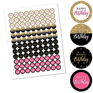 Big Dot of Happiness Chic Happy Birthday - Pink, Black and Gold Round Candy Sticker Favors Labels Fit Chocolate (1 Sheet 108)
