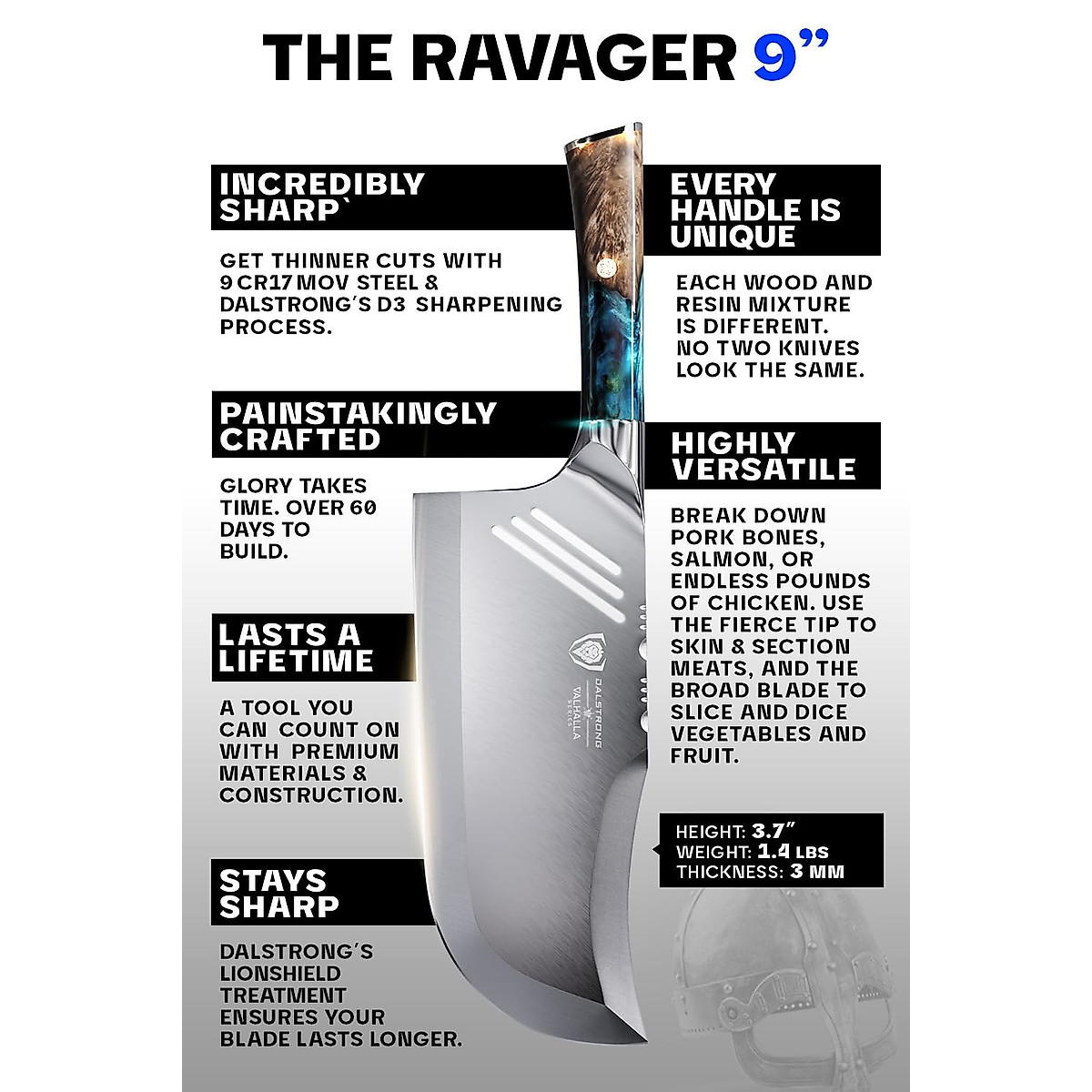 Dalstrong Massive Cleaver Knife - 9 inch - 'The Ravager' - Valhalla Series - 7CR17MOV HC Steel Kitchen Knife - Celestial Resin & Wood Handle - Razor Sharp Meat Cutting Knife - w/Sheath