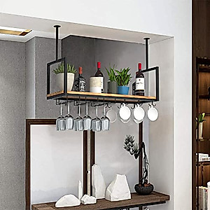 SPTZQURY Ceiling Wine Glass Rack - 31.4 inch Metal Wine Rack with 2 Kinds Glass Holder, Hanging Stemware Goblet Wine Glass Holder Perfect for Bar Cafe Kitchen Restaurant, Display Stand Black