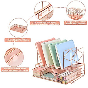 Spacrea Rose Gold Desk Organizers - File Organizer Desk Accessories with Vertical File Folder Holders & Sliding Drawer, Office Supplies for Workspace College Dorm Home(Binder Clips Included)