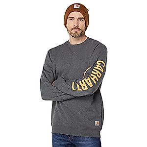 Carhartt Men's Loose Fit Midweight Crewneck Logo Sleeve Graphic Sweatshirt, Carbon Heather, X-Large