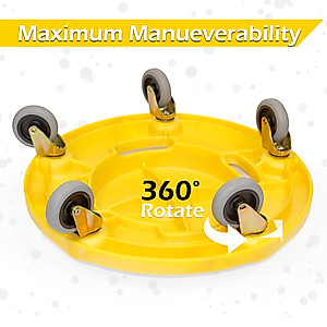 MaxWorks 50933 Round Trash Can High Visibility Yellow Dolly with 5 Swivel Casters 18 inch Dolly for 20 32 44 55 Gallon Containers Twist ON & Off