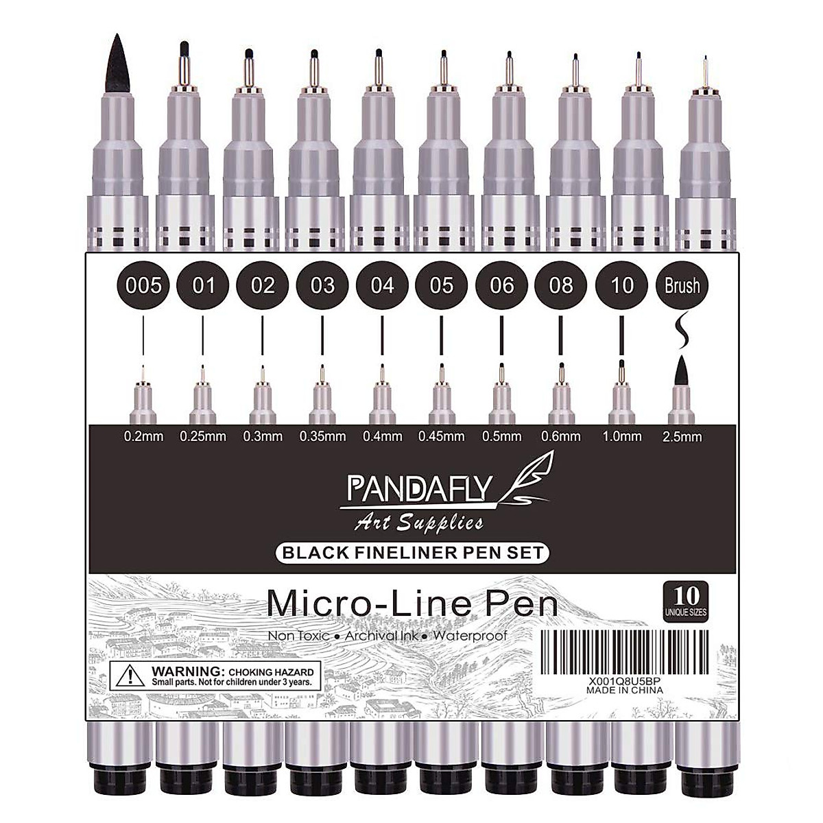 PANDAFLY Precision Micro-Line Pens, 10 Size Black Micro-Pen Fineliner Ink Pens, Waterproof Archival Ink Multiliner Pens for Artist Illustration, Calligraphy, Sketching, Technical Drawing