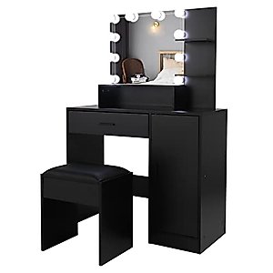 Large Vanity Set with 10 LED Bulbs Makeup Table with Cushioned Stool Makeup Desk with Open Storage Shelves Vanity Table with Cabinet Drawer Chest Dressing Table for Women Girls