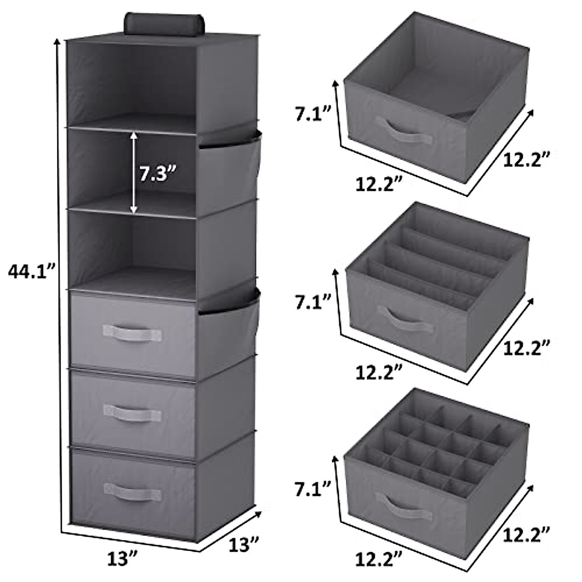 YOUDENOVA Hanging Closet Organizers, 6-Shelf Hanging Closet Storage Shelves with 3 Drawers, Grey