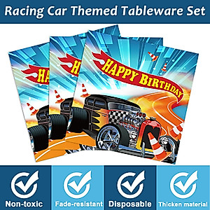 98 Pieces Racing Car Party Decorations Hot Car Tableware Set Racing Car Plates Napkins Tablecloth Party Supplies Kit for Kids Boys Racing Birthday Table Cover Dinnerware Party Favors 24 Guests