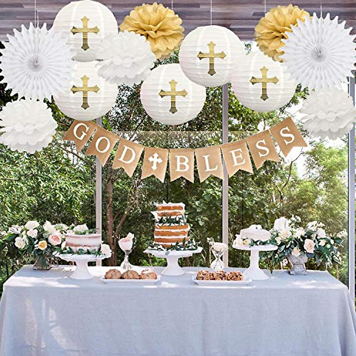 CHRORINE First Communion Banner Kit, Baptism Decorations for Boys Girls, First Communion Confirmation Decorations,God Bless Banner and White Decorations - White Set