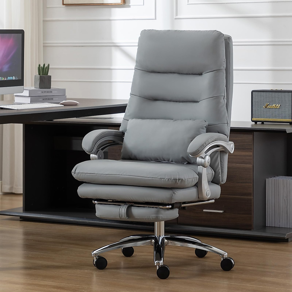 BOWTHY Office Chair with Foot Rest - High Back Executive Chair with Padded Linkage Armrests, Reclining Desk Chair with Wheels, Comfy Chair with Double Thick Cushion (Gray)