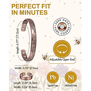 Feraco Copper Bracelet & Lymphatic Drainage Rings for Women, Vintage Flower Copper Magnetic Cuff Bangle, 99.99% Pure Copper with Neodymium Magnets, Adjustable with Gift Box