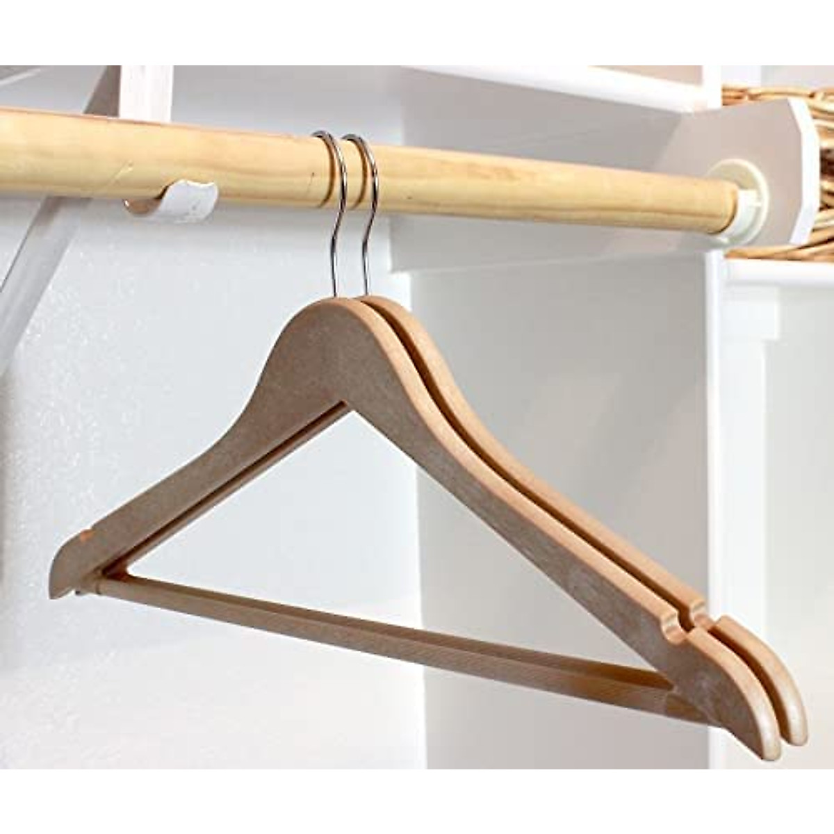USTECH Bowed Shaped Eco-Friendly Closet Hanger with Trouser Bar for Suit, Coat, and Pant | Wood Finish Heavy Duty Clothes Hanger with Shoulder Notch to Hold Strappy Dresses | Pack of 20