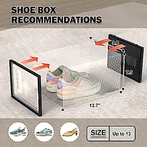 Hrrsaki XX-Large 12 Pack Shoe Storage Boxes, Shoe Boxes Clear Plastic Stackable, Shoe Organizer Boxes with Lids, Shoe Container Boxes for Closet, Black