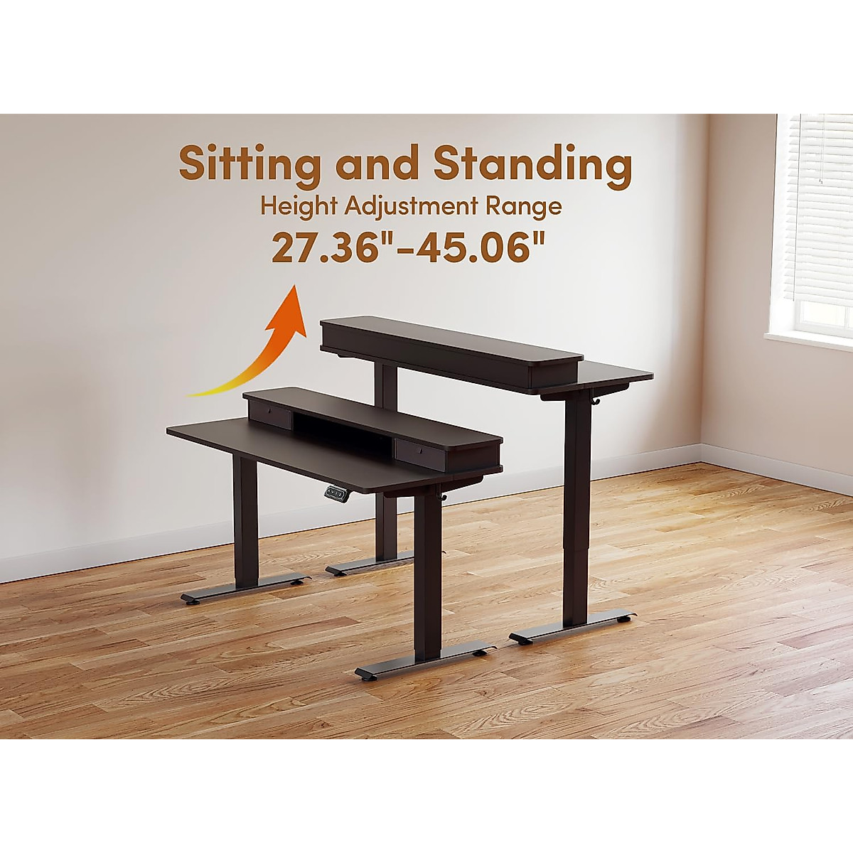 BANTI 55x24 Inch Electric Standing Desk with Double Drawers, Adjustable Height Stand Up Desk, Sit Stand Home Office Desk with Storage Shelf, Black Top