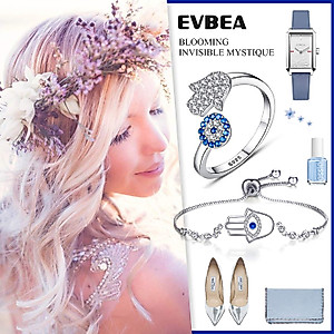 EVBEA Evil Eye Bracelet and Ring Set Evil Eye Ring Cubic Zirconia Adjustable Open Hamsa Ring for Ring Size 6-8