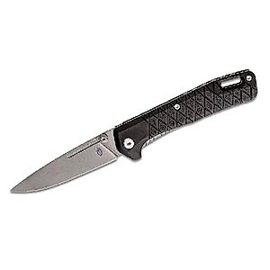 Gerber Zilch Folding Knife 3.1" Stonewashed Drop Point Plain Blade, Black GRN Handles