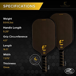 Electrum Model E 13mm Pickleball Paddle USAPA Approved | Carbon Fiber Surface | Polypropylene Honeycomb Core | Paddle for Spin and Power